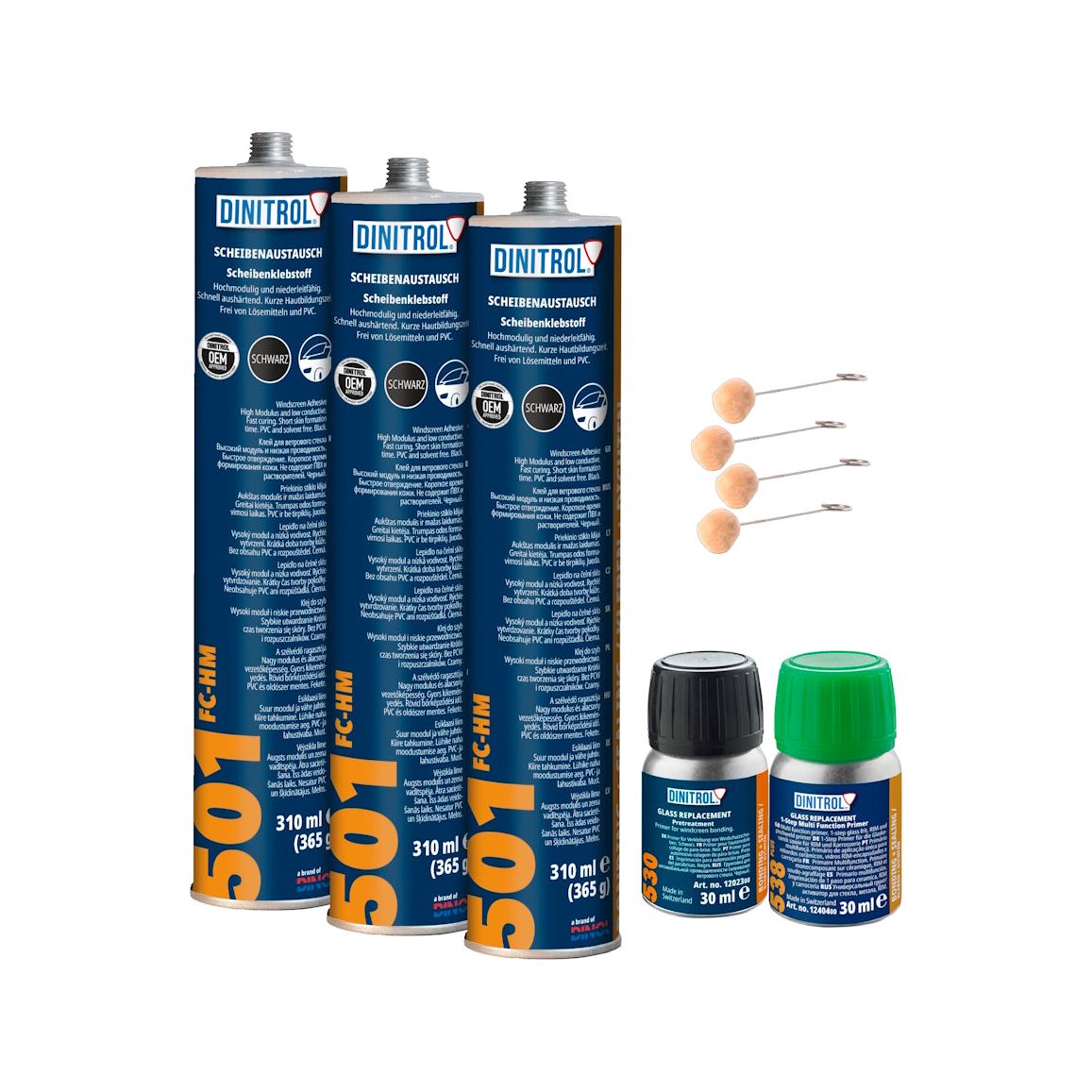 3 x DINITROL 501 FAST CURE WINDSCREEN FITTING KIT BOND ADHESIVE GLUE S ...