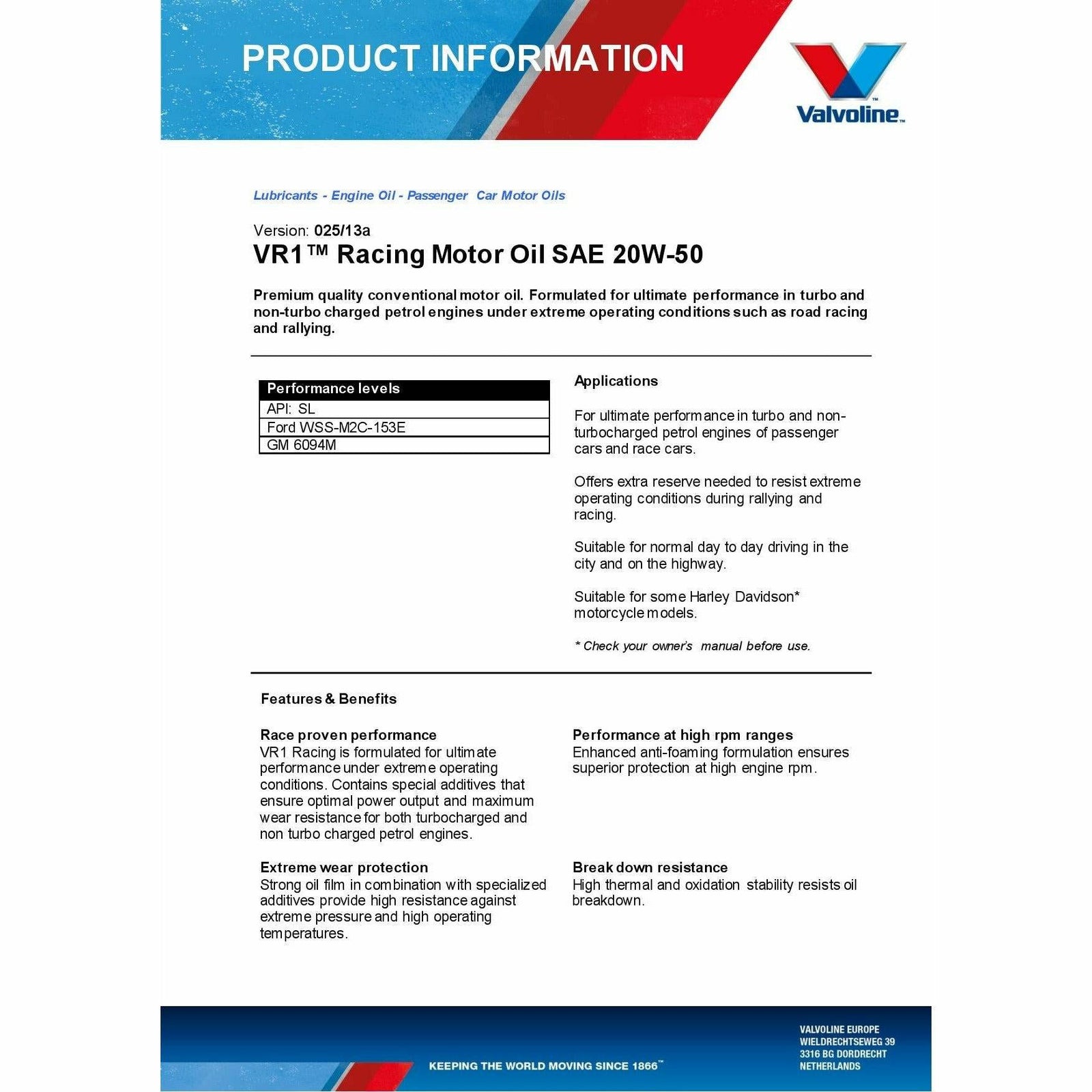 20W50 Valvoline VR1 Racing Highly Refined Mineral Engine Oil 4Stroke F ...