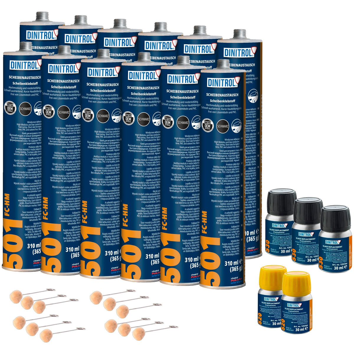 12 x DINITROL 501 FAST CURE WINDSCREEN FITTING KIT BOND ADHESIVE GLUE ...