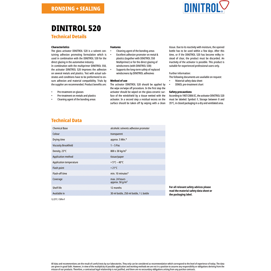 DINITROL 520 WINDSCREEN FITTING ADHESIVE GLUE 30ML CLEANER ACTIVATOR ...