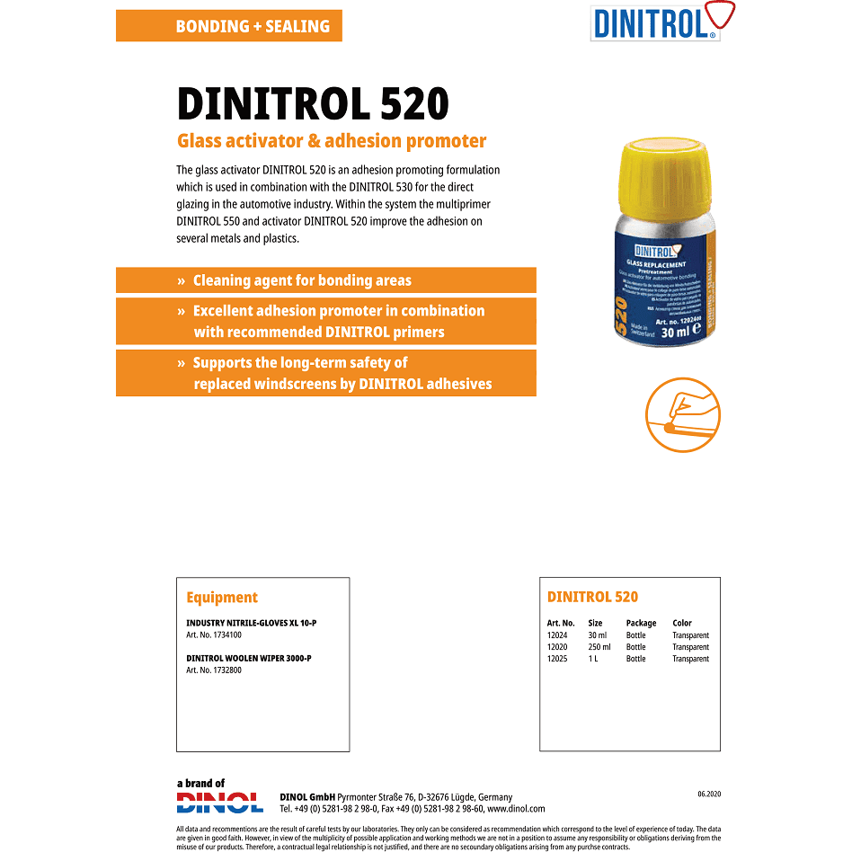 DINITROL 520 WINDSCREEN FITTING ADHESIVE GLUE 30ML CLEANER ACTIVATOR ...