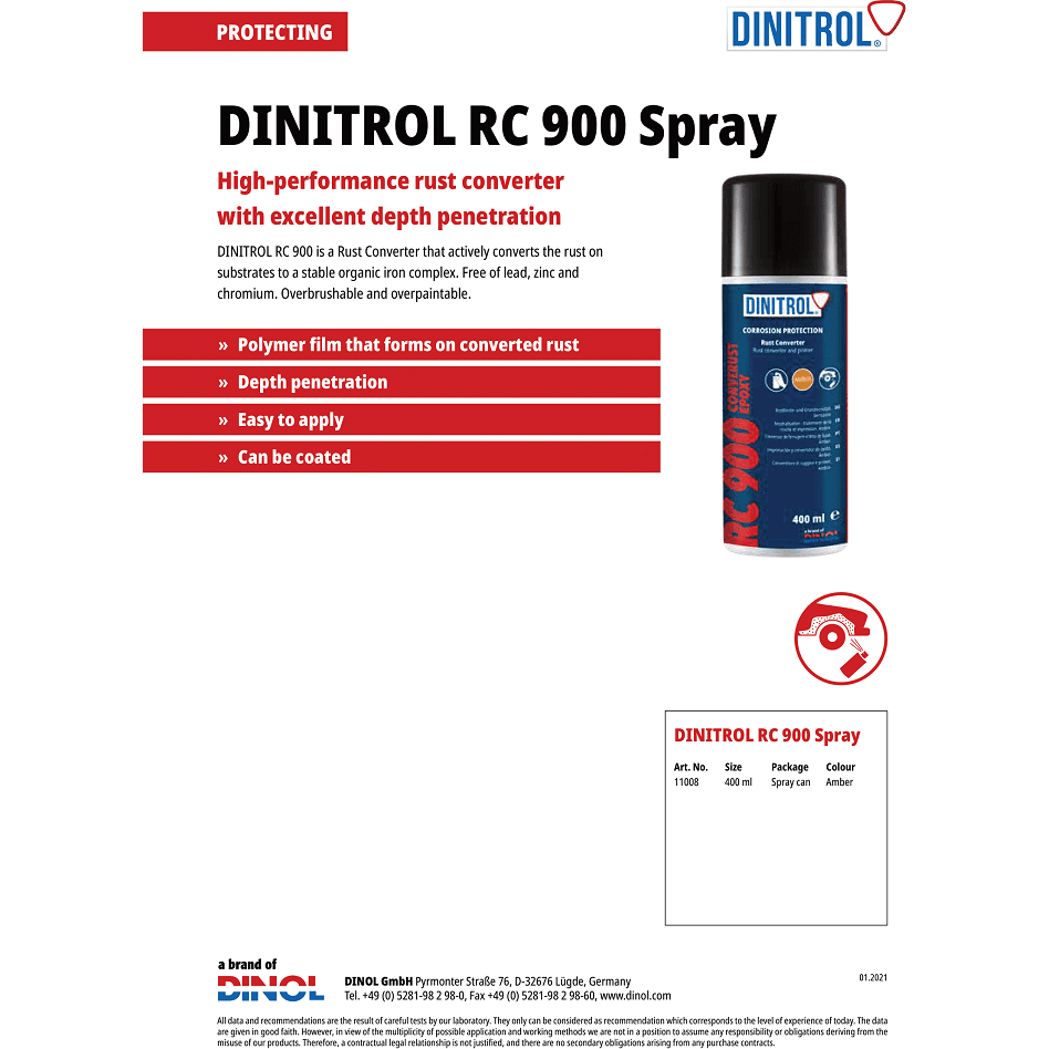DINITROL RC900 RUST CONVERTER PRIMER 400ml CAN + EXTENSION NOZZLE 1100 ...