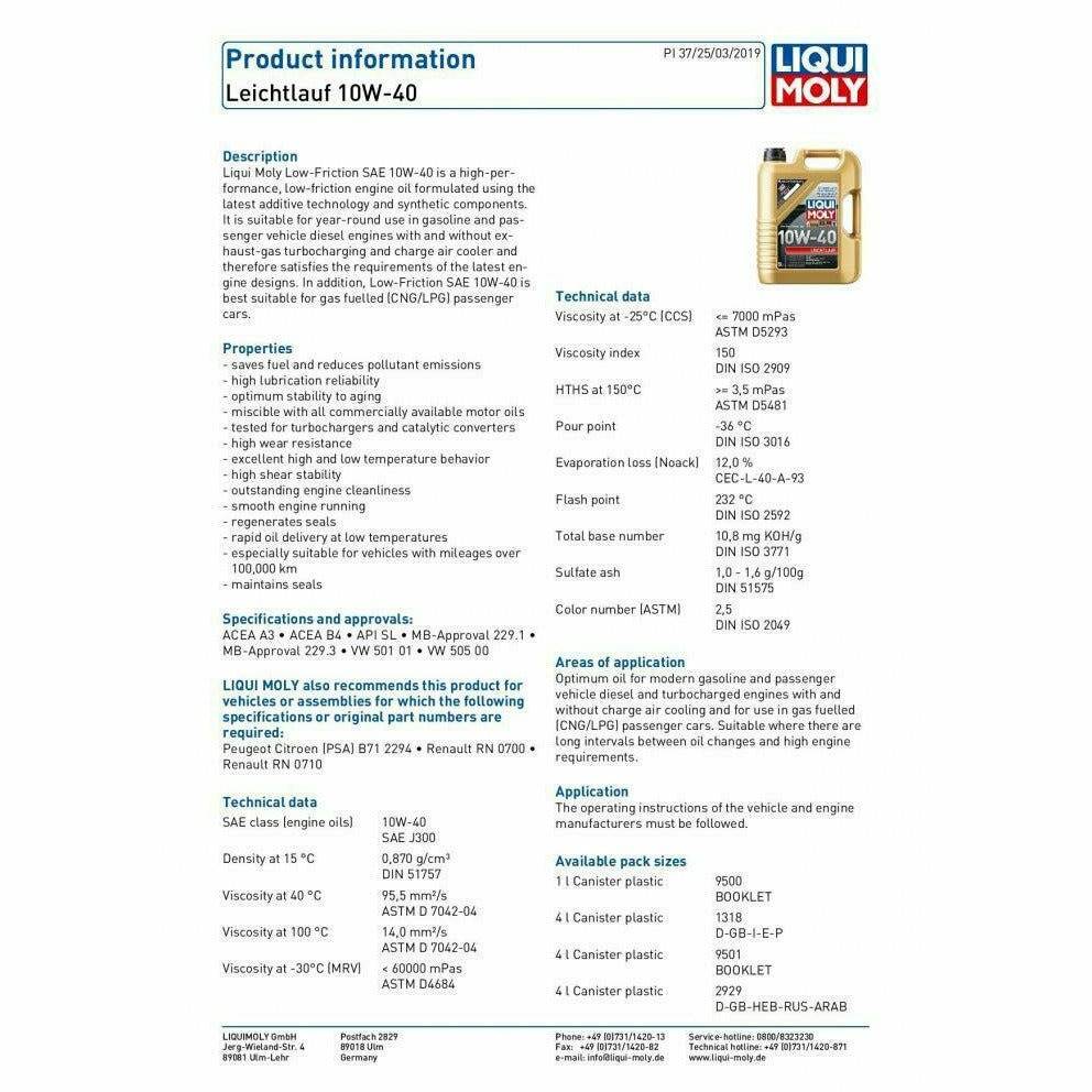 LIQUI MOLY 10W-40 Engine Oil Smooth Running ACEA A3 B4 API SL VW MB 5L ...