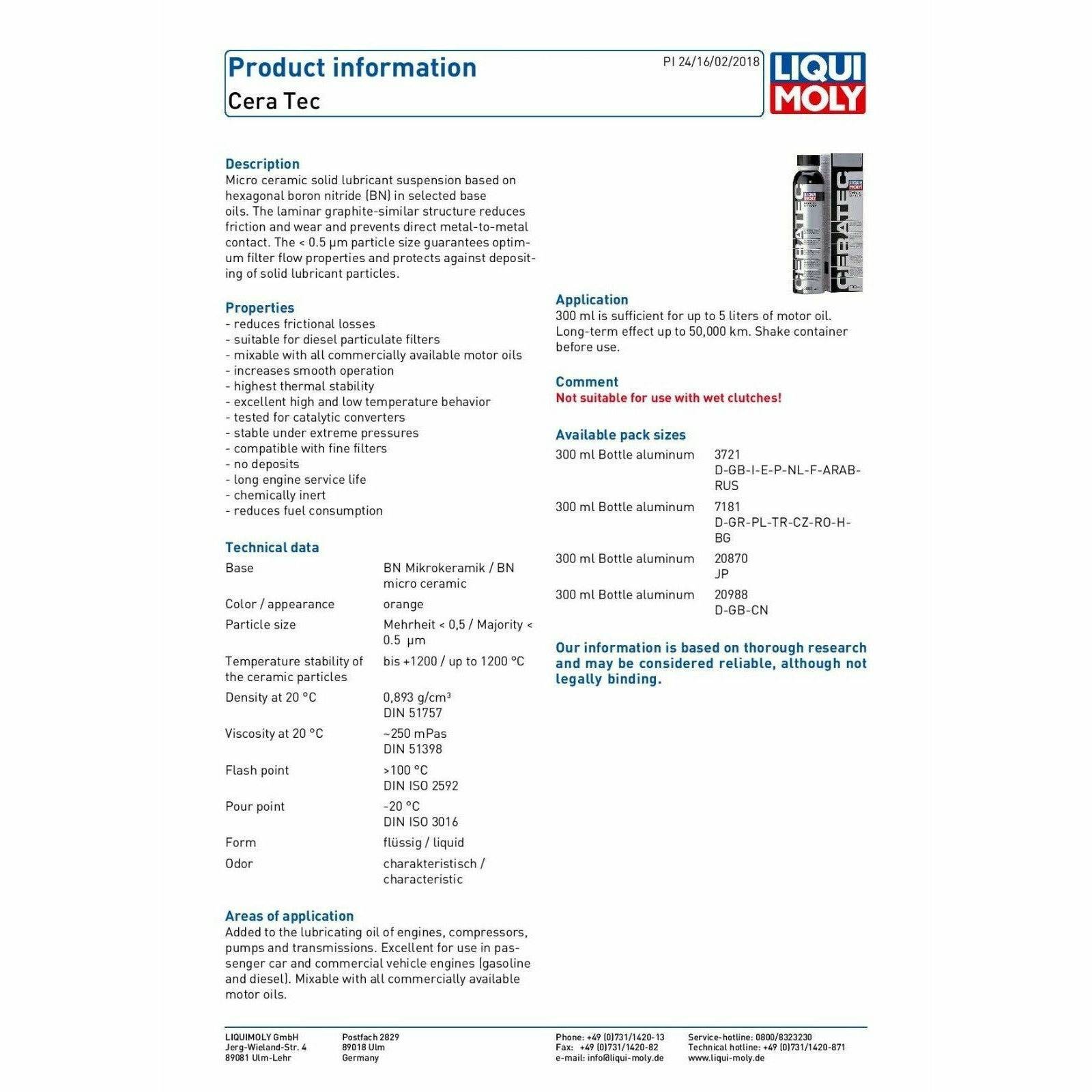 Liqui Moly Cera Tec Ceratec 300ml High-Tech Ceramic Engine Wear Protect ...
