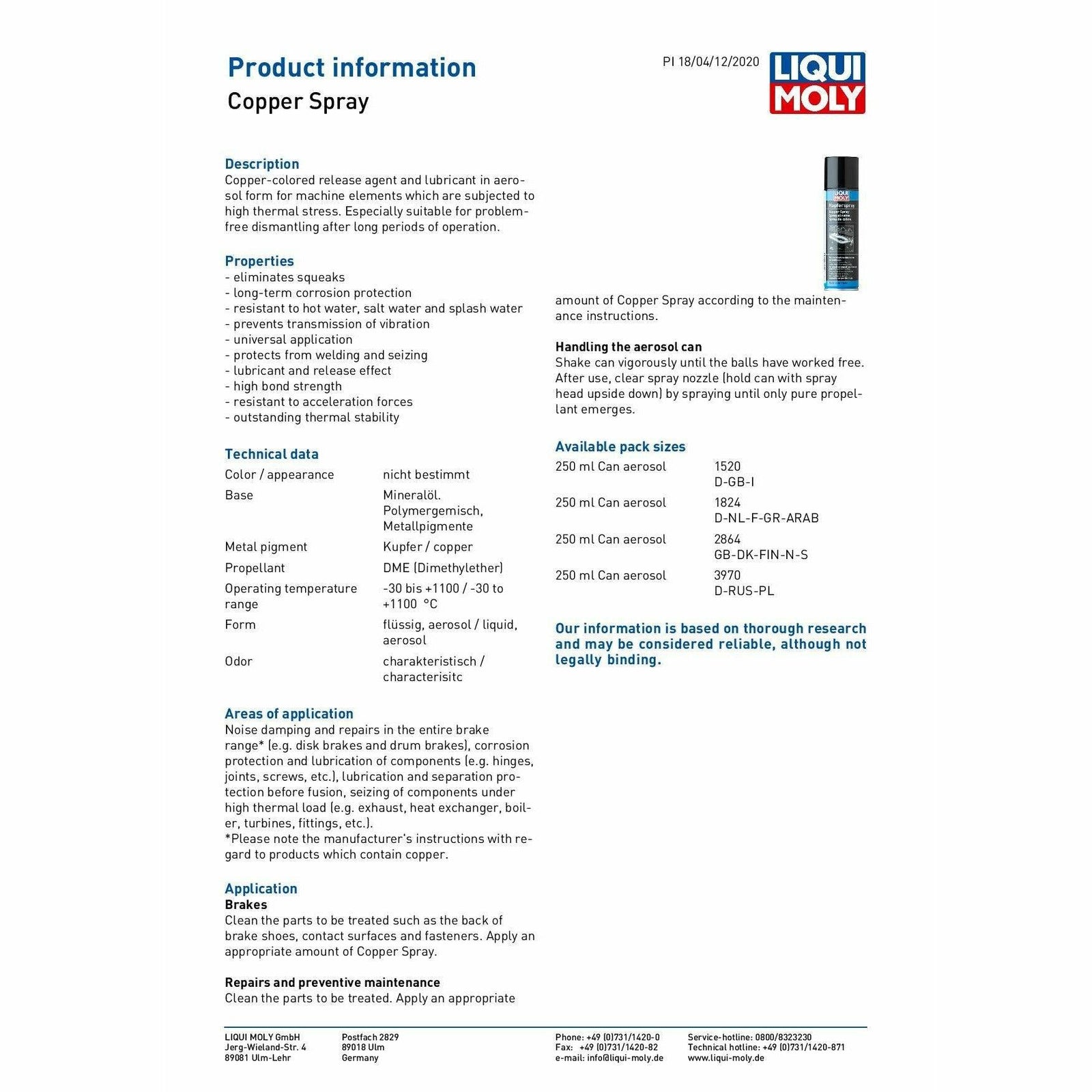 Liqui Moly Copper Spray Grease Premium Quality Anti-Seize 250ml 1520 ...