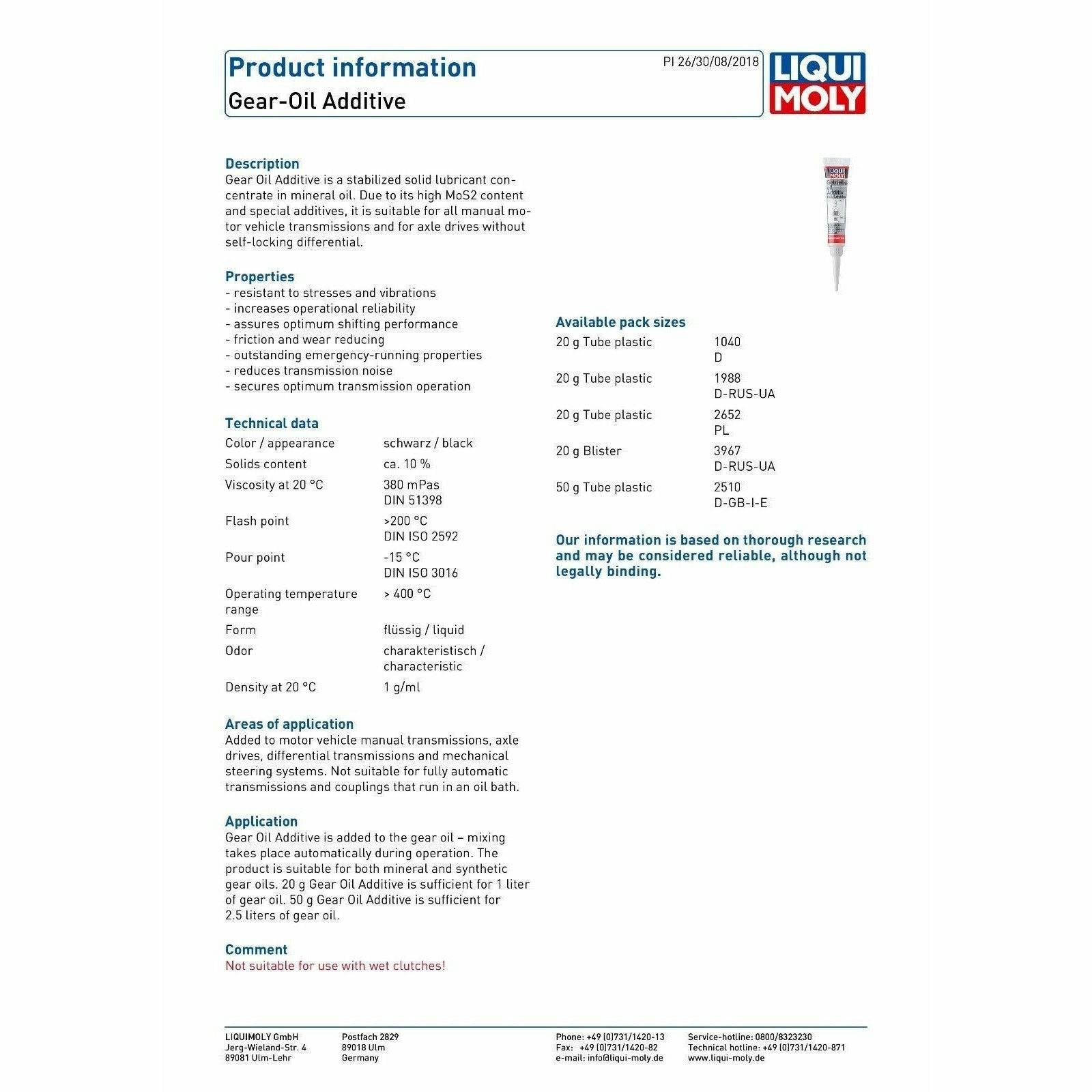 Liqui Moly MoS2 Gear-Oil Additive 50g German Technology & Made 1 Unit ...