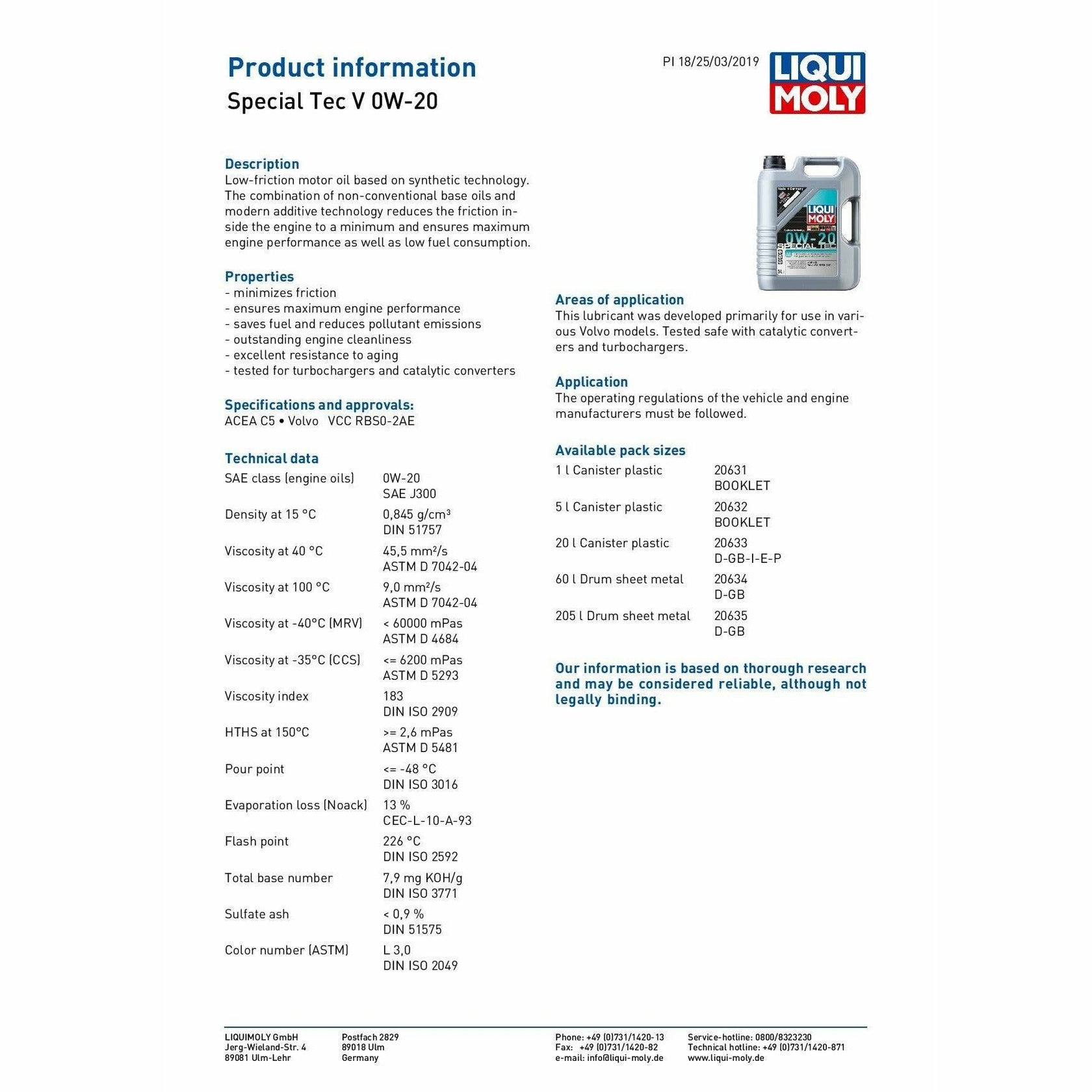 Liqui Moly Special Tec V 0W20 Volvo Engine Oil ACEA C5 VCC RBS0-2AE 20 ...