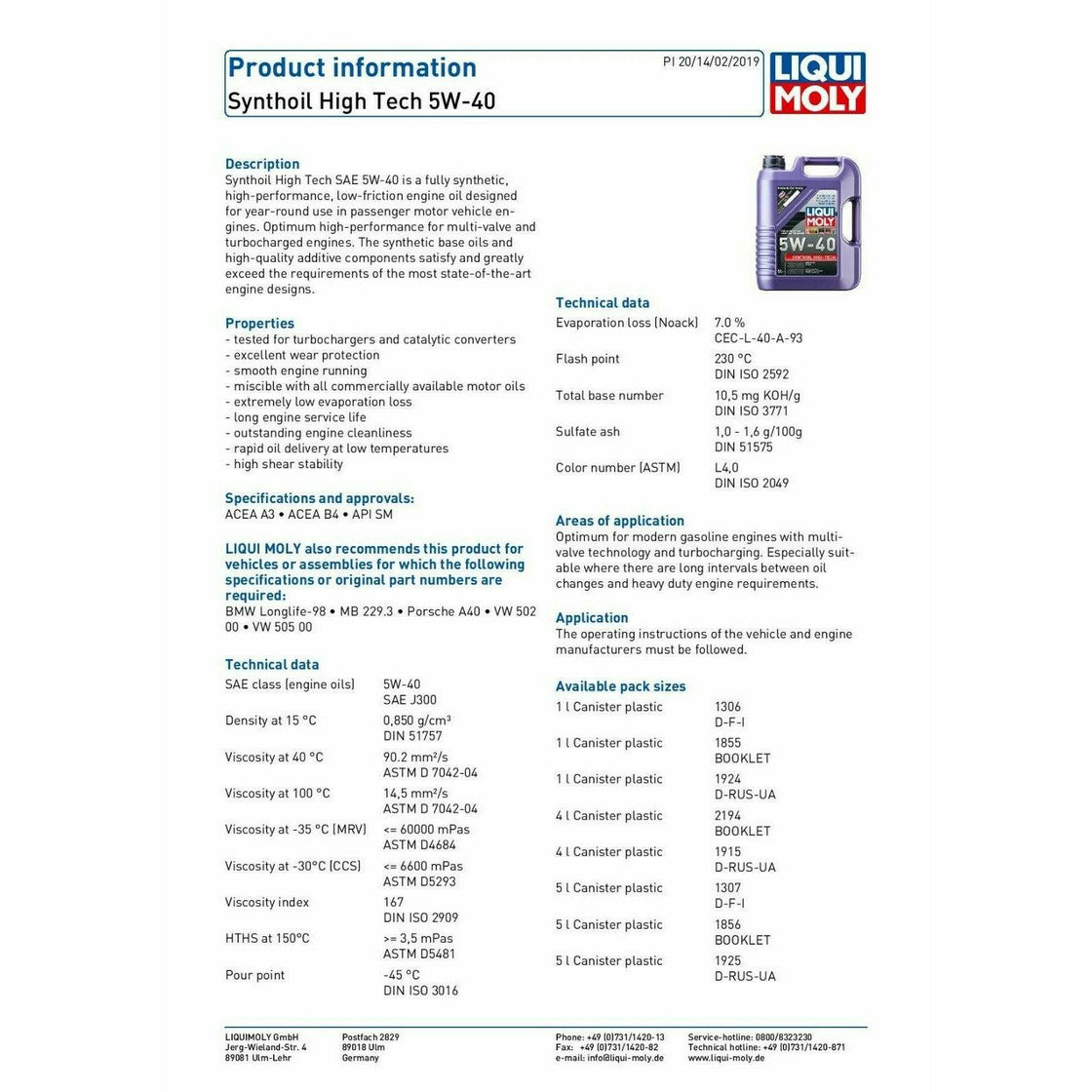 Liqui Moly SYNTHOIL HIGH TECH SAE 5W-40 ACEA A3/B4 API SM 1307 5 Liters ...