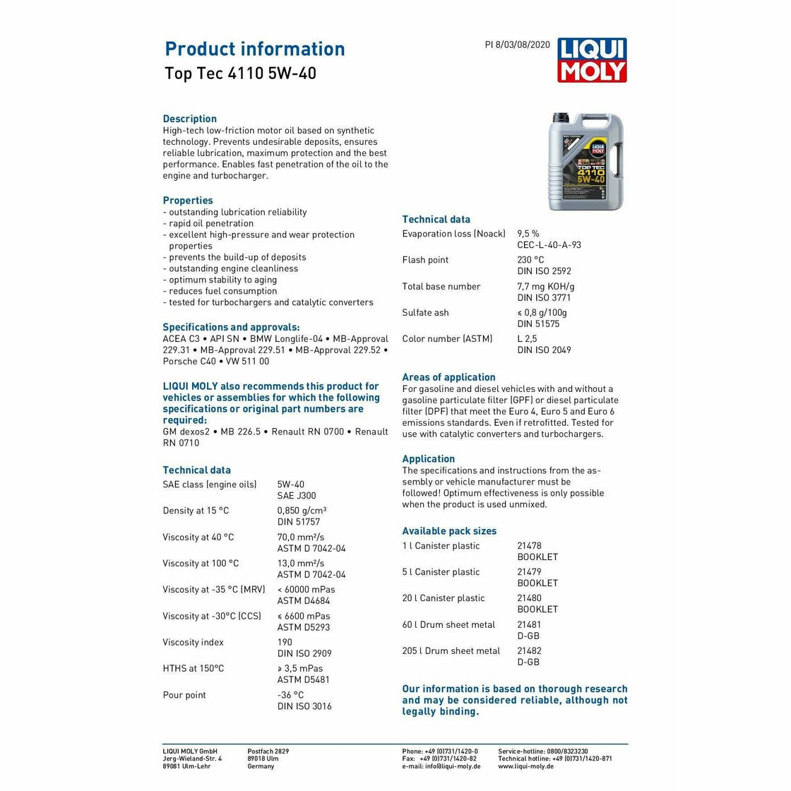 Liqui Moly Top Tec 4110 5W40 Engine Oil C3 BMW-LL Porsche C40 VW 511 M ...
