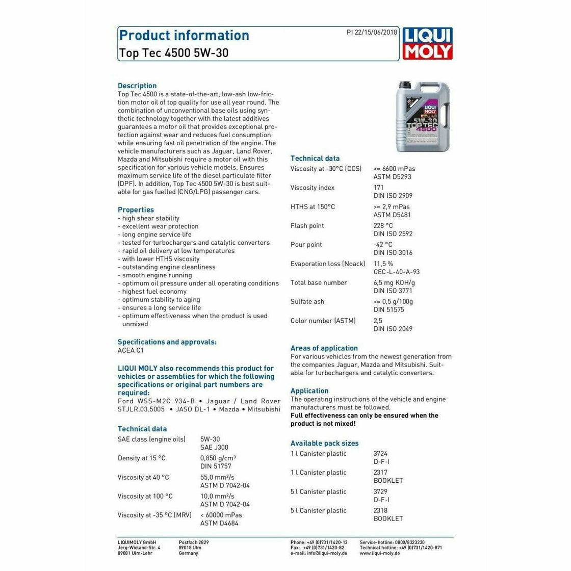 Liqui Moly Top Tec 4500 SAE 5W-30 Engine Oil ACEA C1 5 Liters 2318 ...