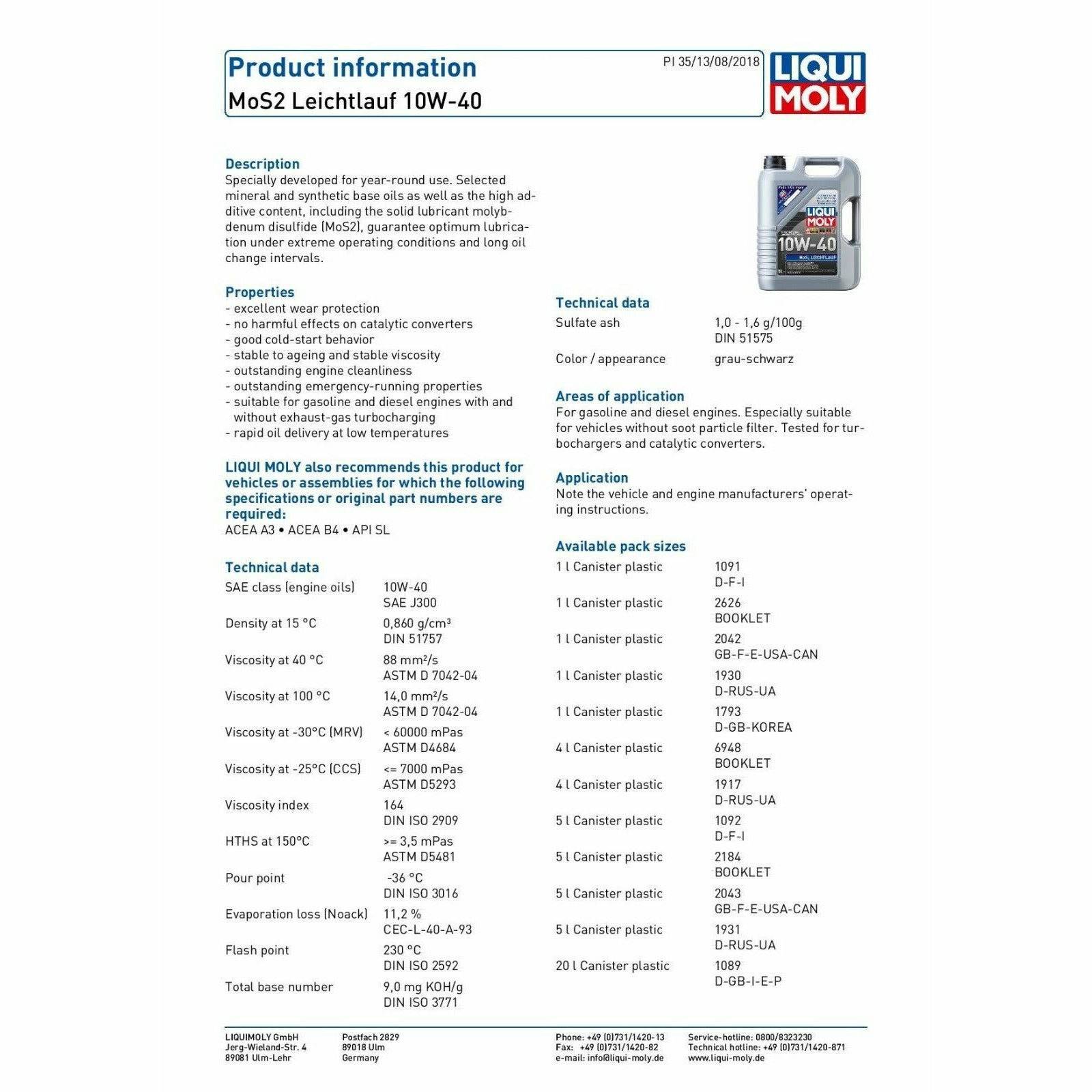 Liqui Moly MoS2 Leichtlauf 10W-40 Engine Oil 5 Liters 2184 – World of ...